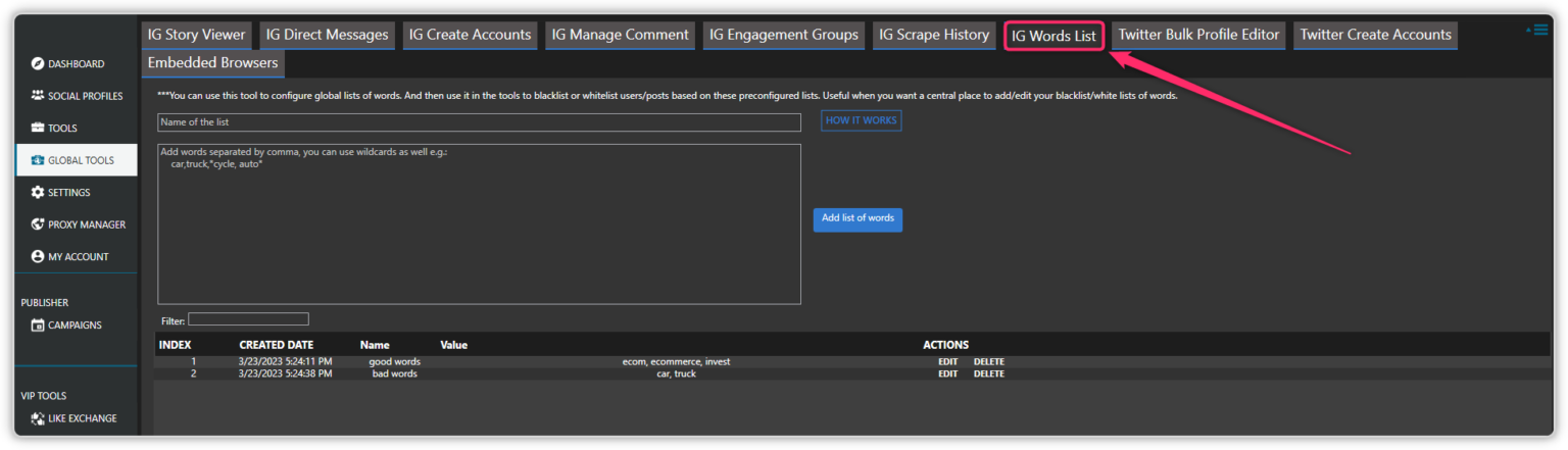 The Global Tools - The Instagram Words List Tool - SU Social